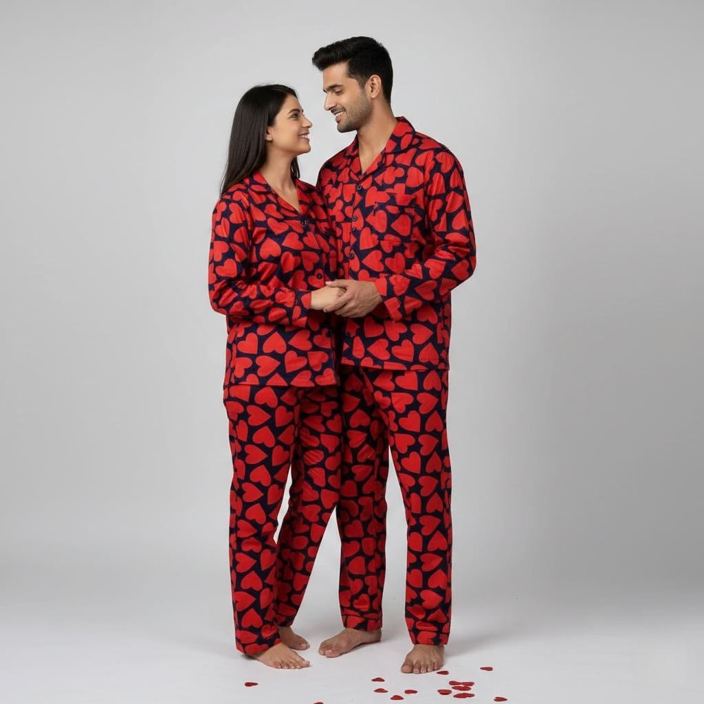 Heart Print Couple Night Suit Set – Matching Cute Pajamas for Couples ...