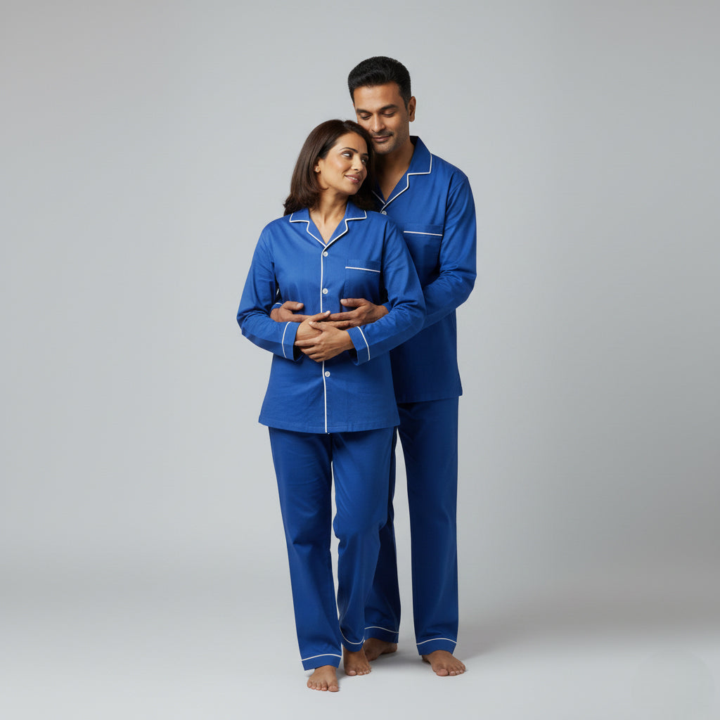 Indigo Blue Couple Pajamas | Timeless Cotton Set – Pajama Tribe