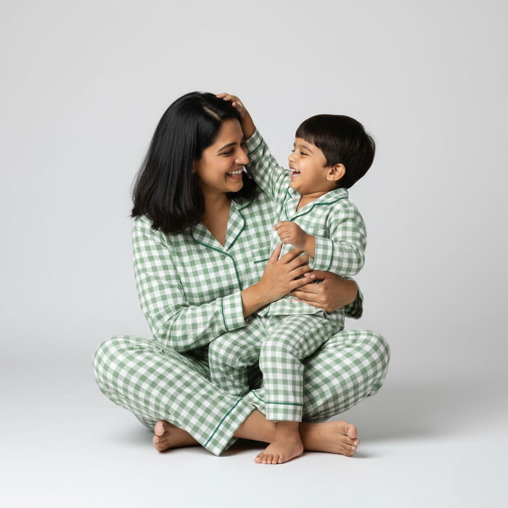 Green Gingham Mother–Son Pajama Set | Classic Matching Cotton Nightwear ...