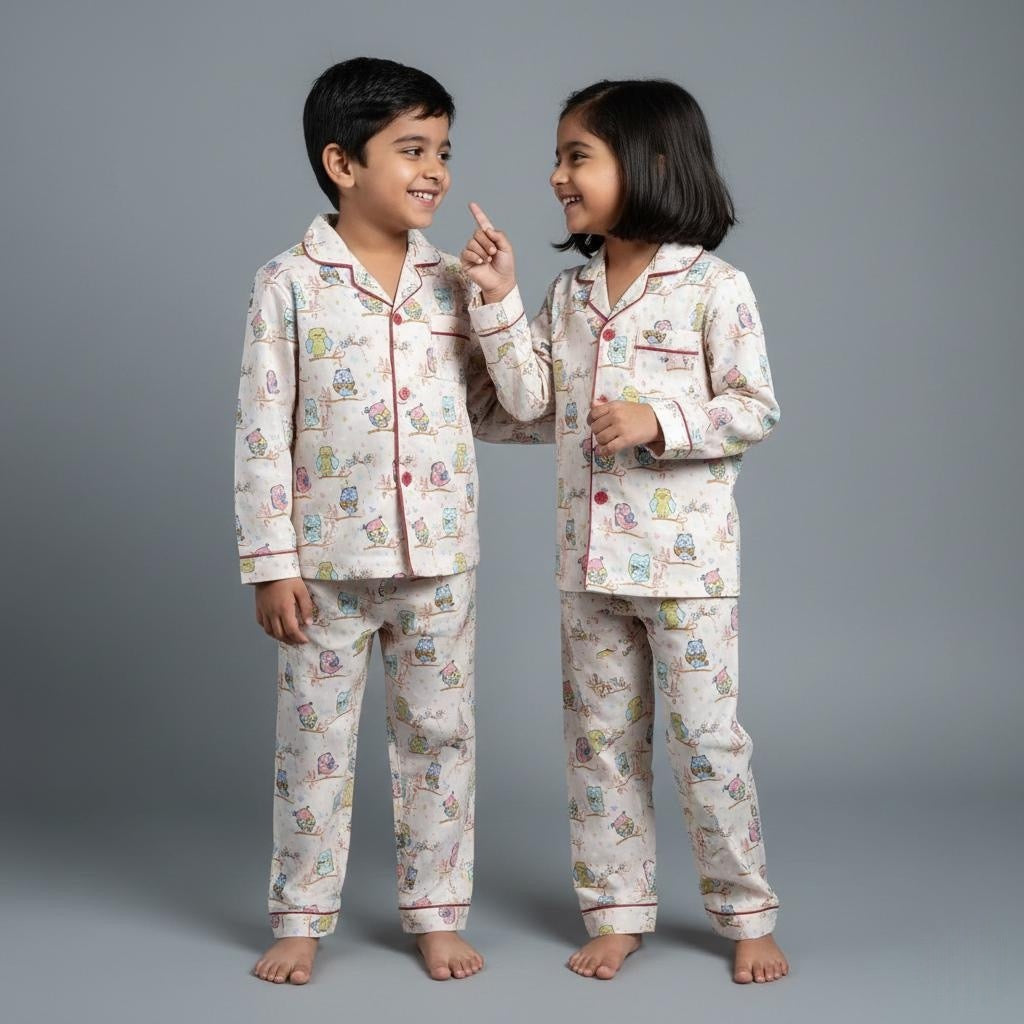 Owl Print Sibling Pajama Set – Cute Matching Nightwear for Kids ...
