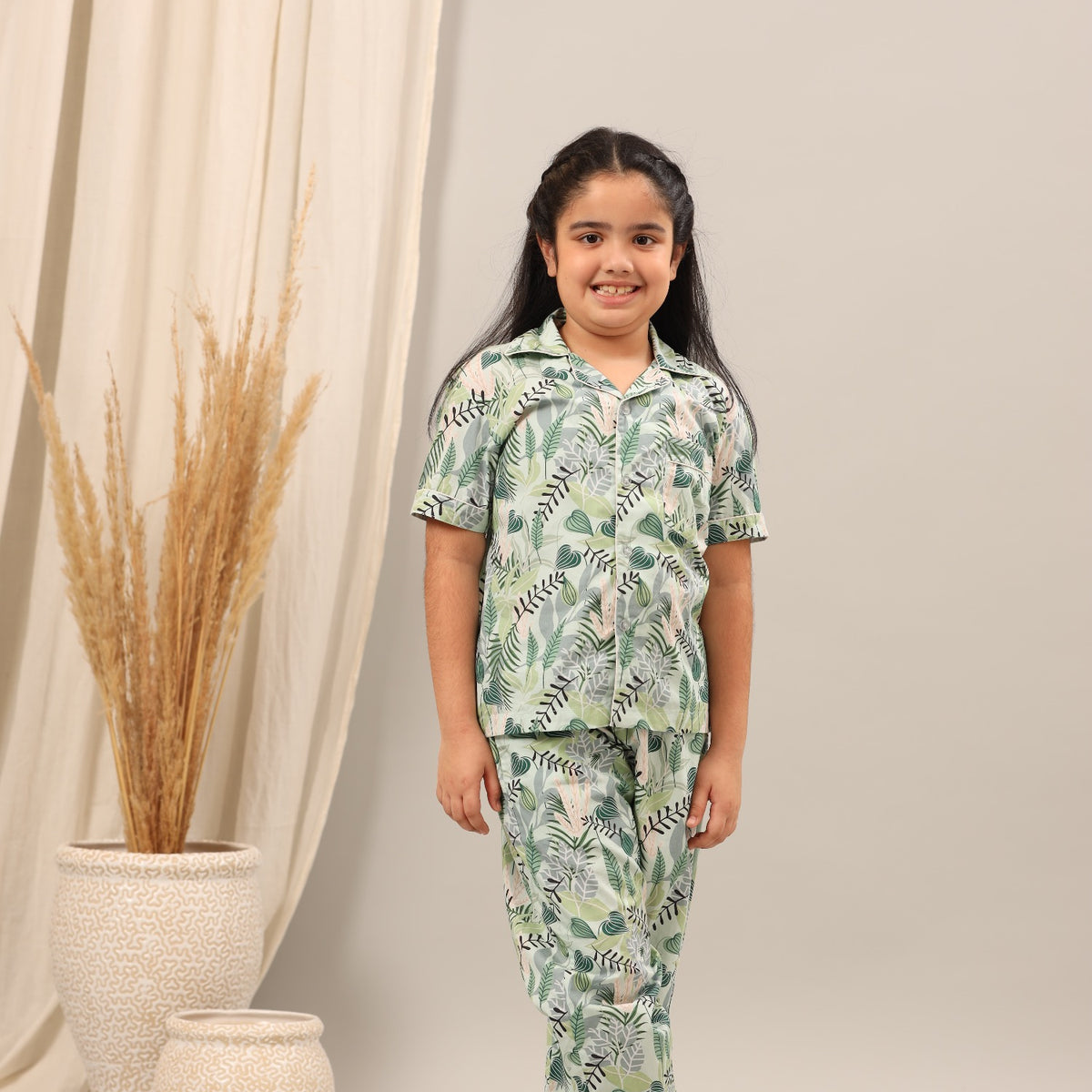 Girls’ Cotton Half-Sleeve Pajama Set – Tropical Garden | Pajama Tribe
